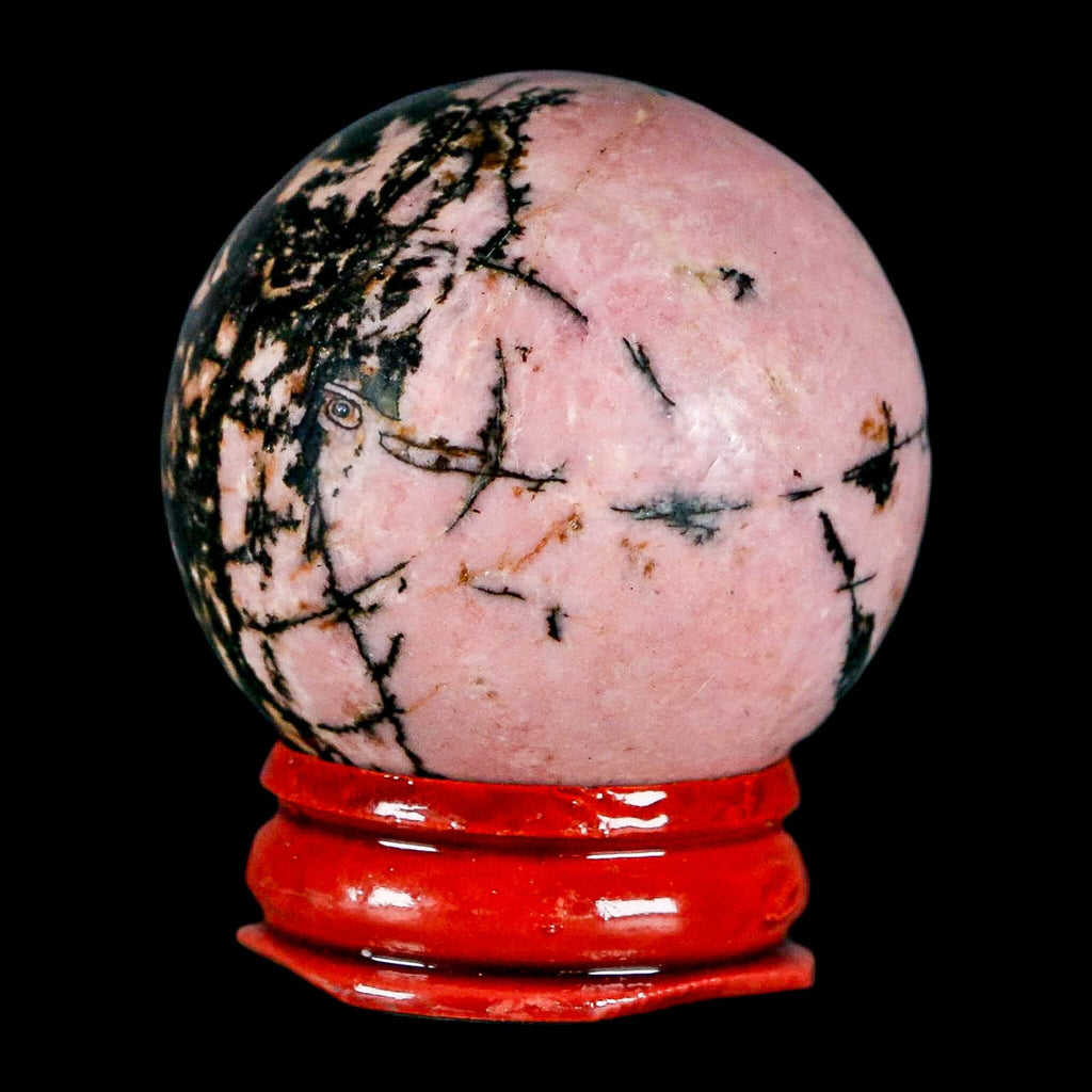 40MM Natural Rhodonite Mineral Crystal Sphere Ball Orb Peru Rosewood Stand